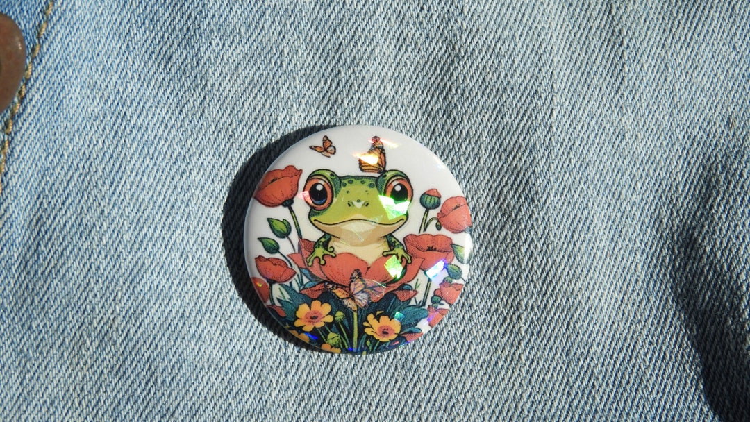 1.25 Holographic BUTTON Frog Poppies Butterflies PIN Flair, Retro Badge ...