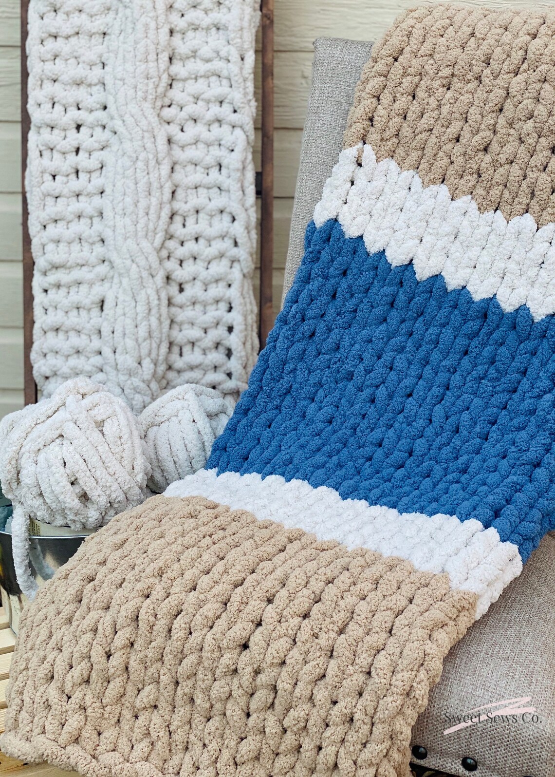 Chunky Knit Blanket, Knit Blanket, Giant Throw, Arm Knitting, Chenille ...