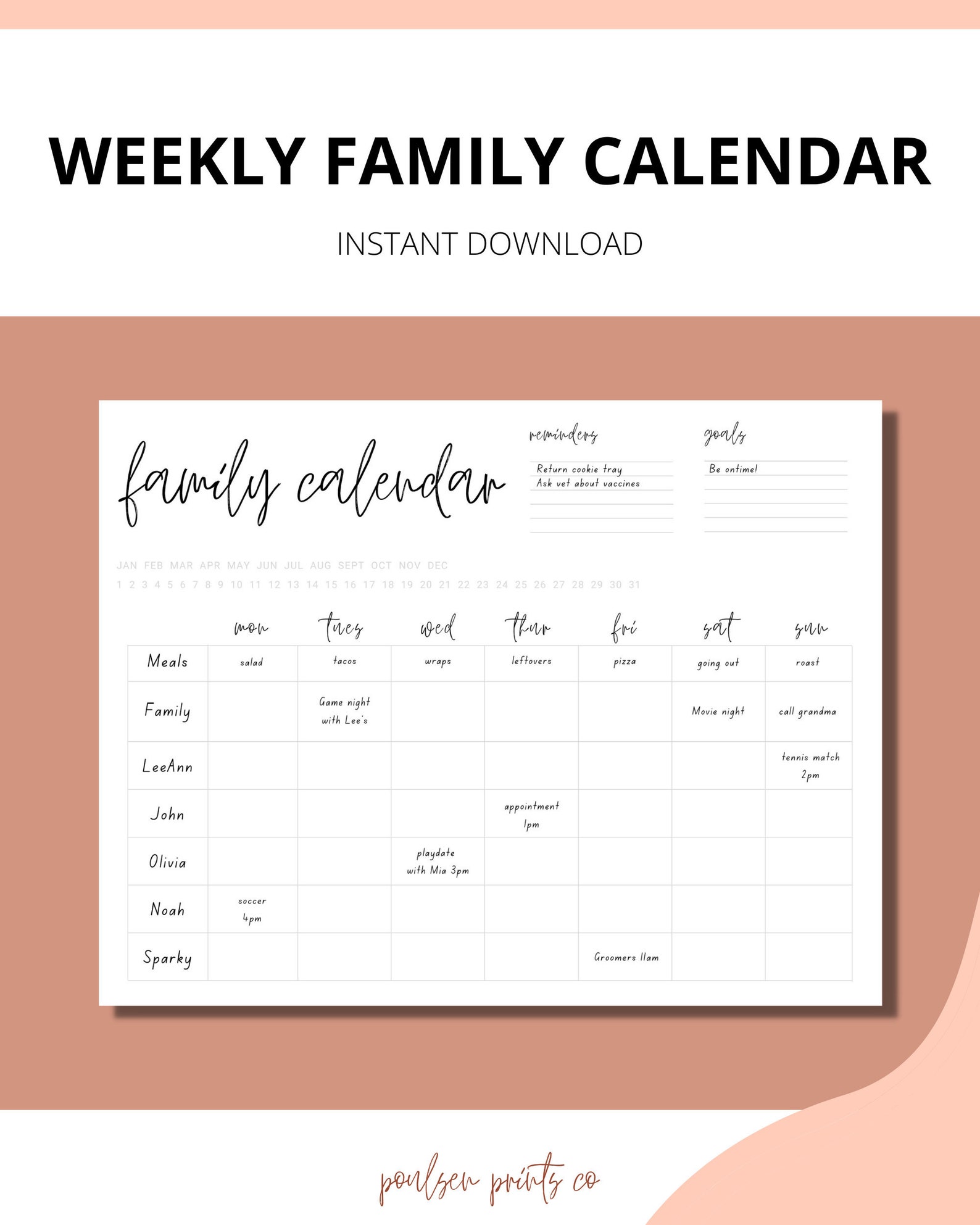 Weekly Family Calendar Digital Download Calligraphy Design | Etsy