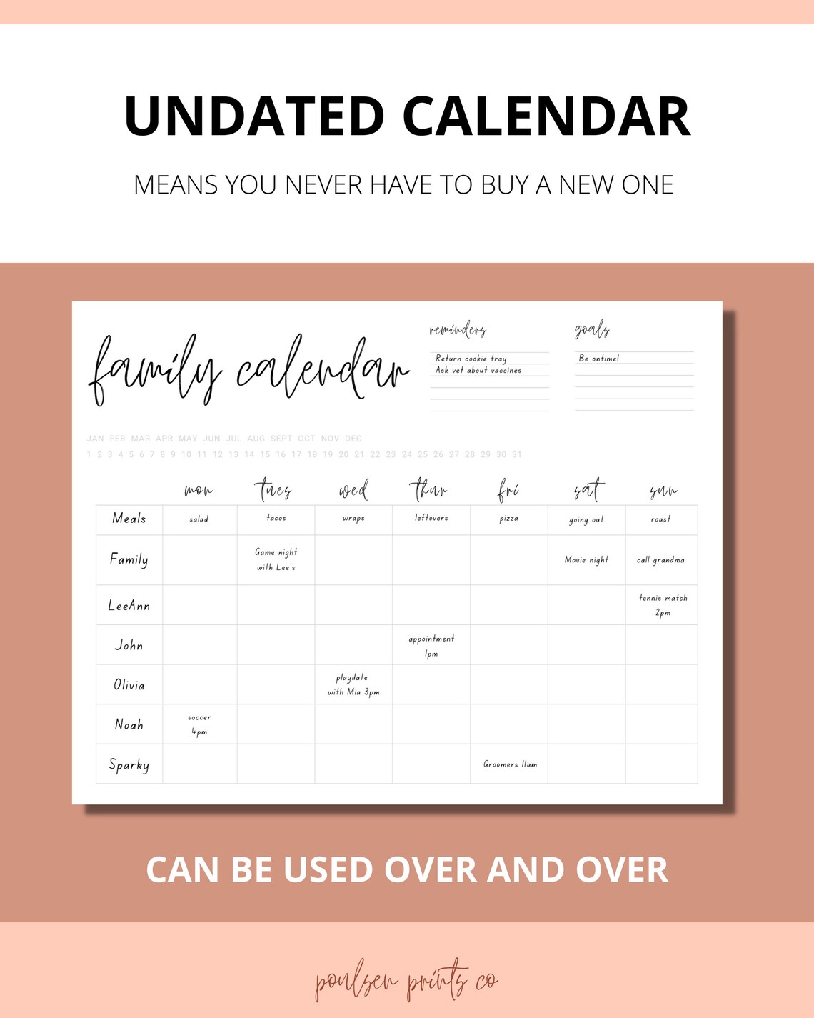 Weekly Family Calendar Digital Download Calligraphy Design | Etsy