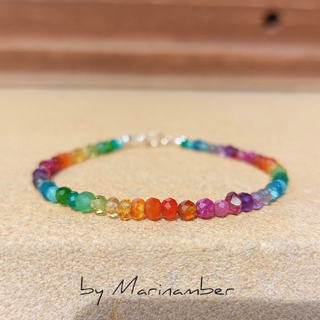 Rainbow Gemstone Bracelet, Natural Multi Stone Silver Bracelet ...