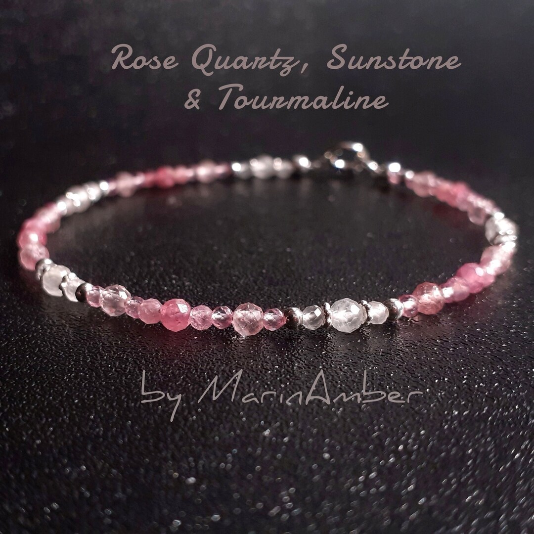 Rose Quartz Bracelet, Dainty Sunstone Silver Bracelet, Pink Tourmaline ...