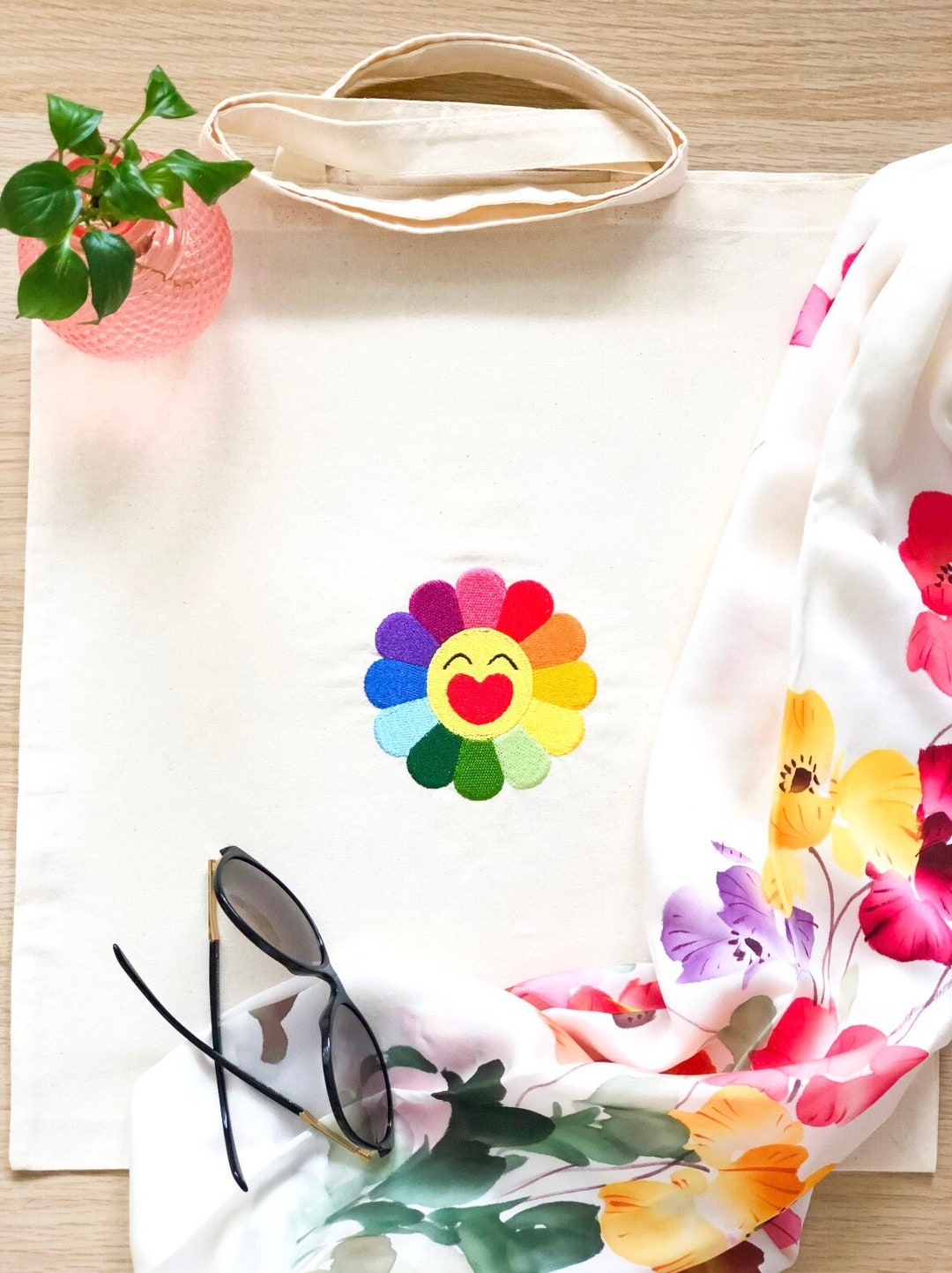 Smiling Rainbow Flower Embroidered Canvas Tote Bag - Hobi Flower Tote ...