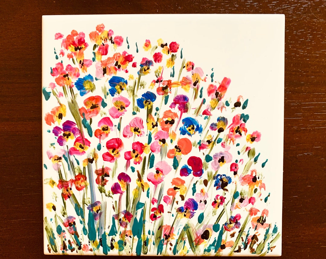 Hand Painted Wildflower Ceramic Tile Art: Home Decor Easel Display (6x6 ...