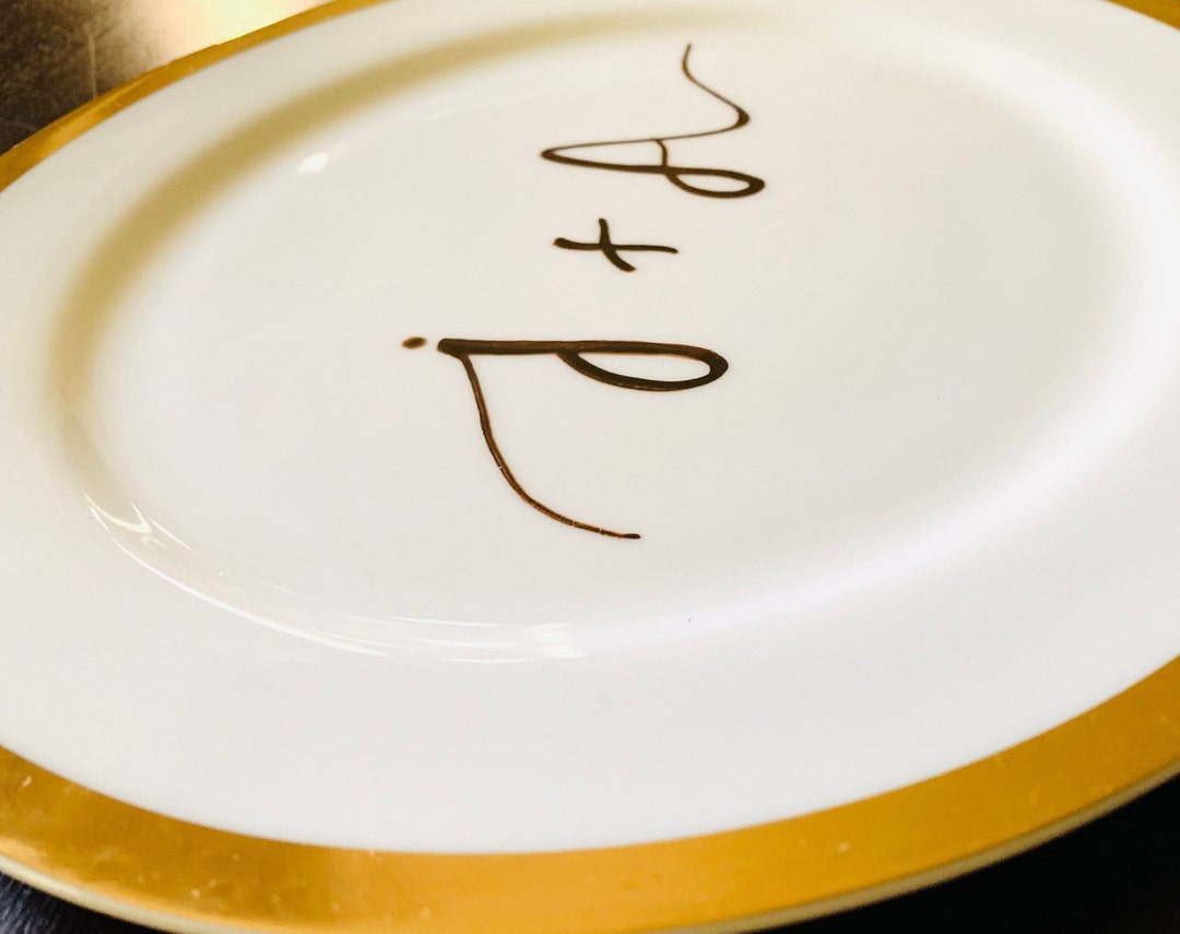Hand Painted Gold Rim Fine Bone China Plate Monogram Kitchen - Etsy