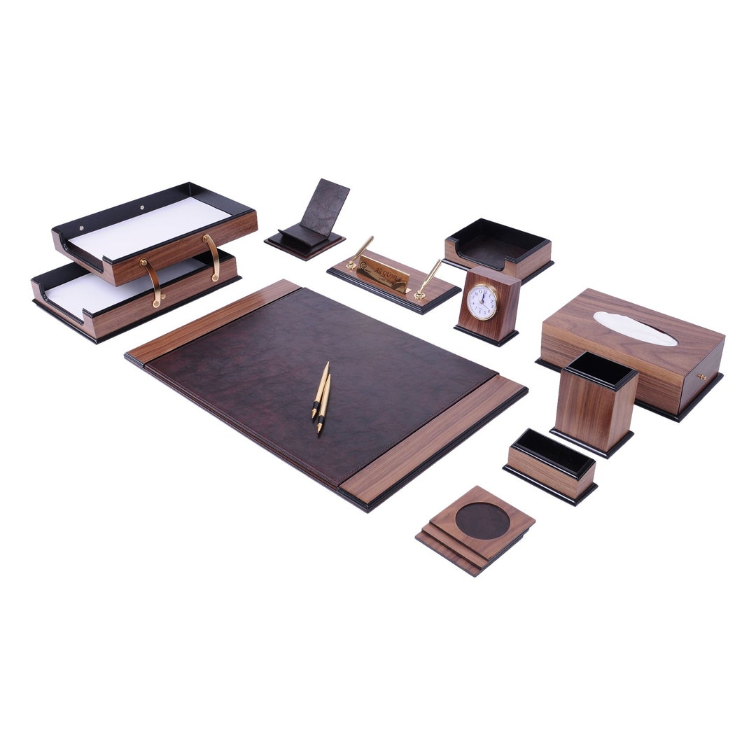 14 Pieces Leather & Wooden Desktop Accessories Desk Organizer Wood Desk ...