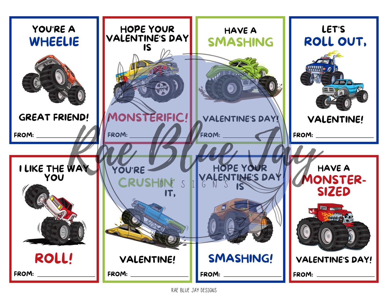 Monster Truck Valentines INSTANT DOWNLOAD Kids Valentines, Printable ...