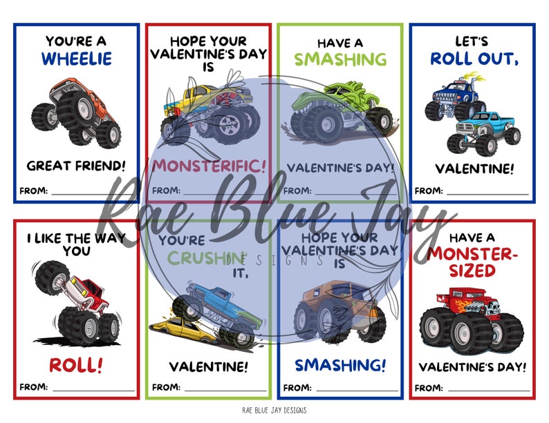 Monster Truck Valentines INSTANT DOWNLOAD Kids Valentines, Printable ...