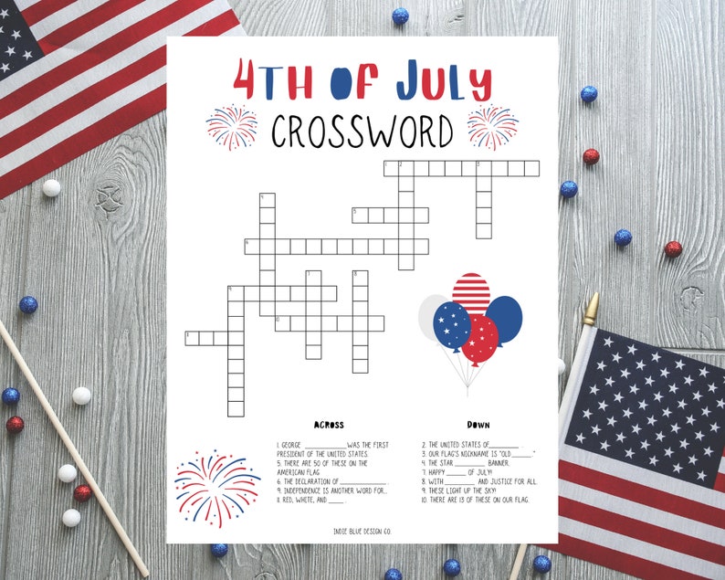 4th of July Crossword Puzzle Printable Kids Crossword Puzzle | Etsy