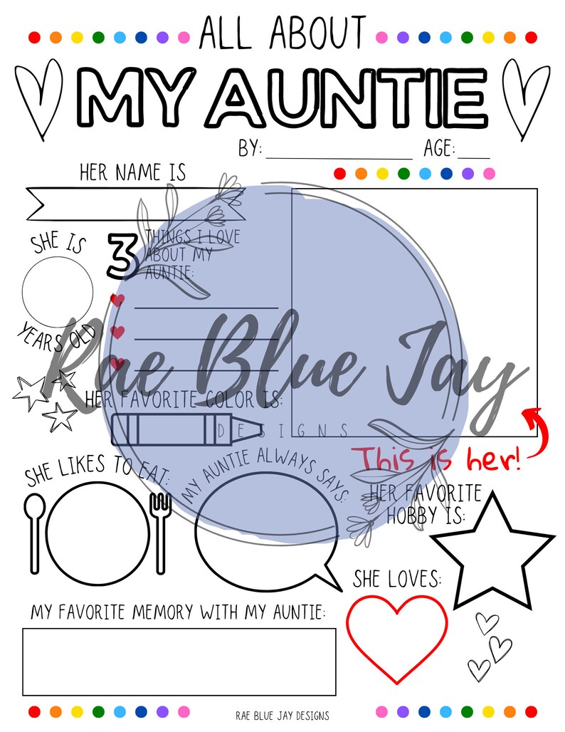 All About My Auntie INSTANT DOWNLOAD, Mother's Day Printable, Gift for ...