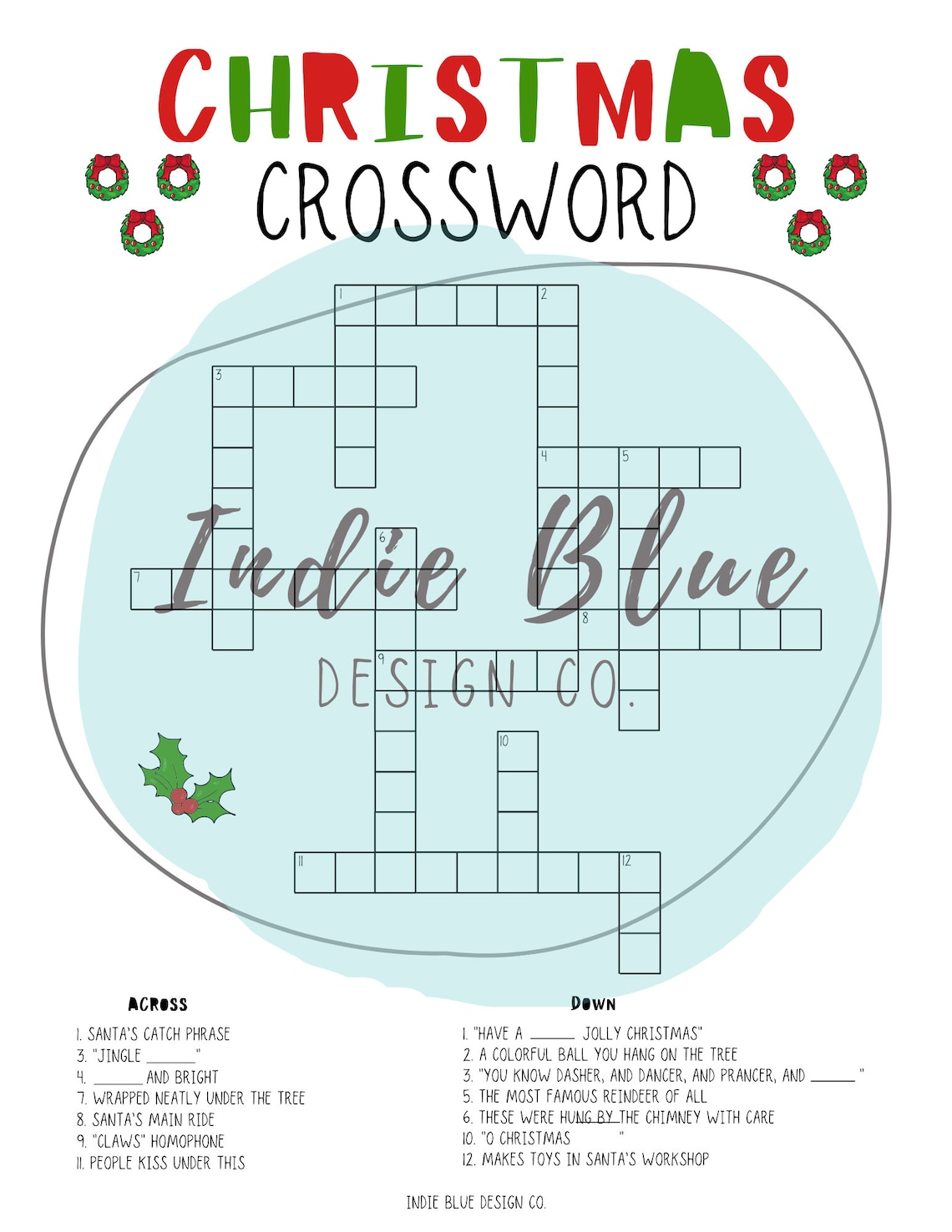 Christmas Crossword Puzzle Printable Instant Download Kids - Etsy