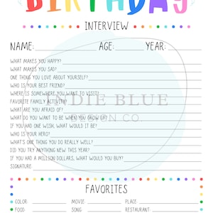 Printable Kids Birthday Interview, Annual Interview, Birthday Keepsake ...
