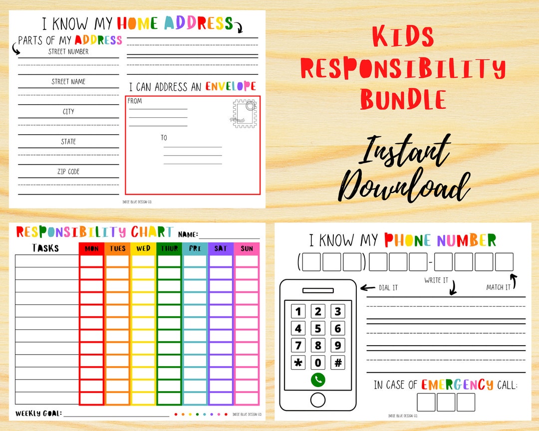 Kids Responsibility Bundle, Kids Life Skills, Phone Number Printable ...