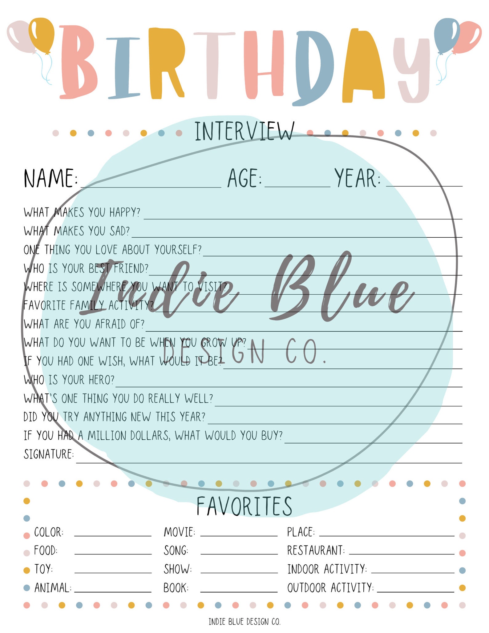 Printable Kids Birthday Interview, Annual Interview, Birthday Keepsake ...