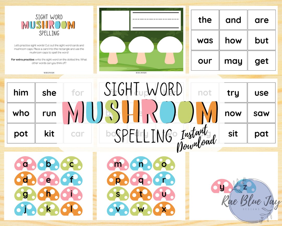Sight Word Mushroom Spelling INSTANT DOWNLOAD, Kindergarten Sight Word ...