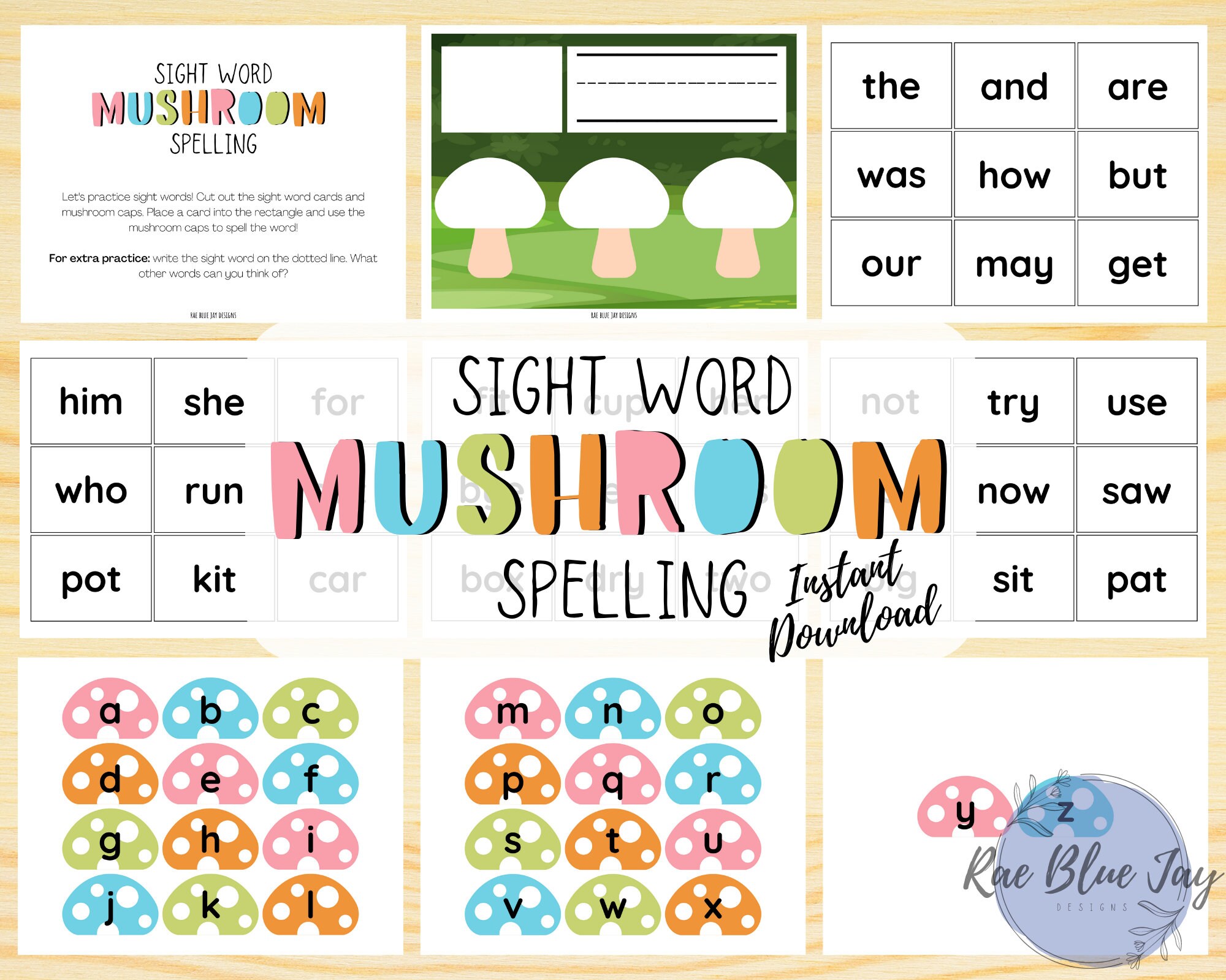 Sight Word Mushroom Spelling INSTANT DOWNLOAD, Kindergarten Sight Word ...