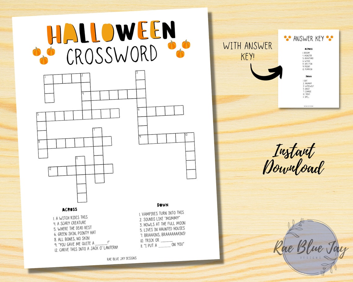Halloween Crossword Puzzle Printable INSTANT DOWNLOAD, Kids Crossword ...