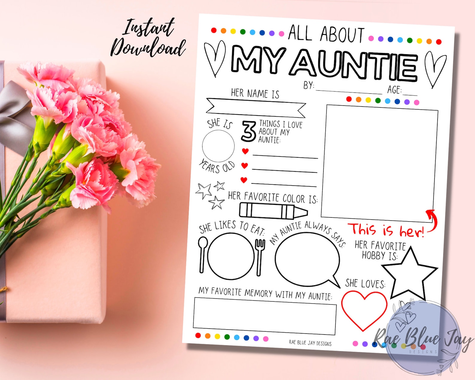 All About My Auntie INSTANT DOWNLOAD, Mother's Day Printable, Gift for ...