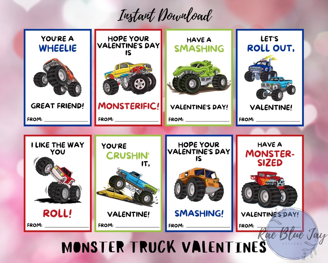 Monster Truck Valentines INSTANT DOWNLOAD Kids Valentines, Printable ...
