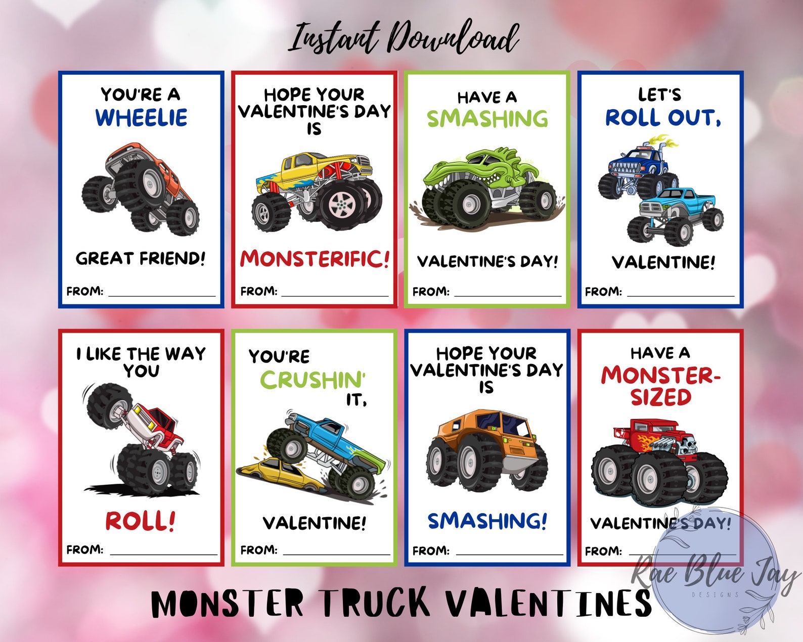 Monster Truck Valentines INSTANT DOWNLOAD Kids Valentines, Printable ...