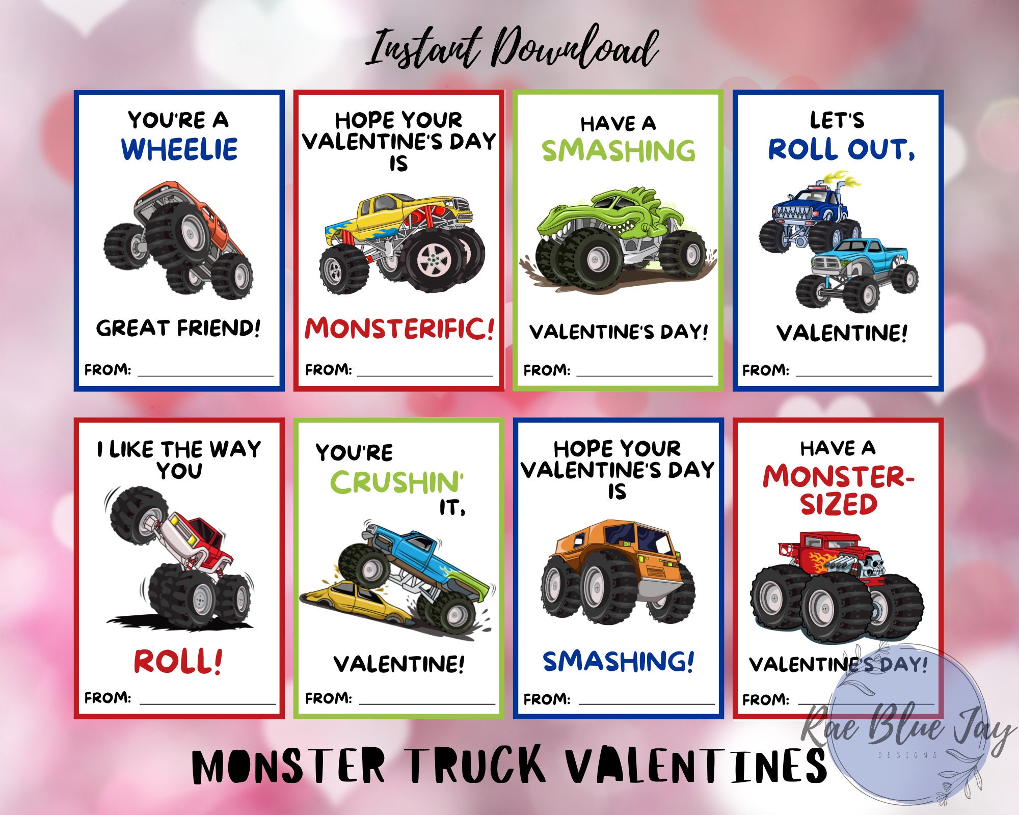 Monster Truck Valentines INSTANT DOWNLOAD Kids Valentines, Printable ...
