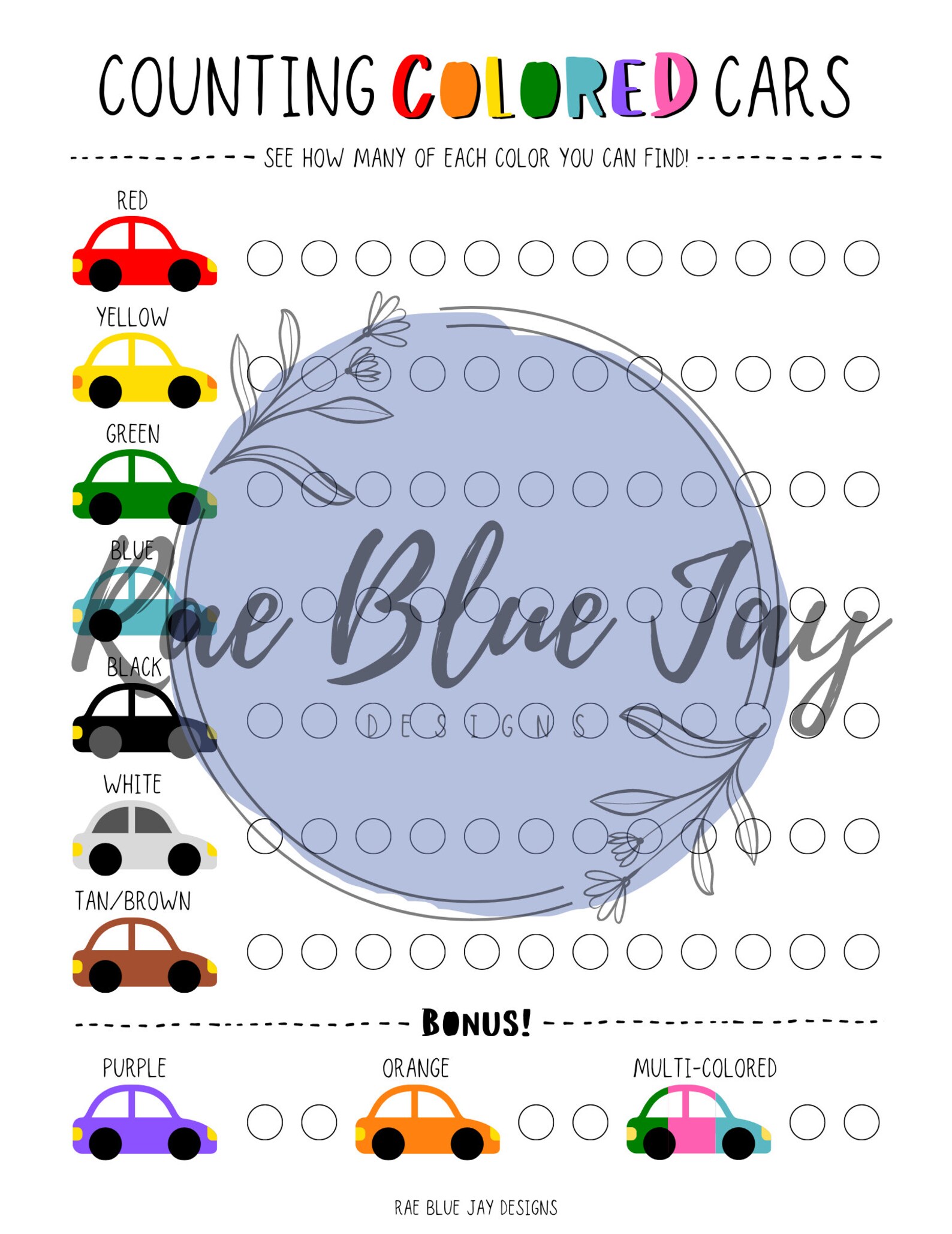 Counting Colored Cars Printable, Kids Road Trip Fun, Road Trip ...