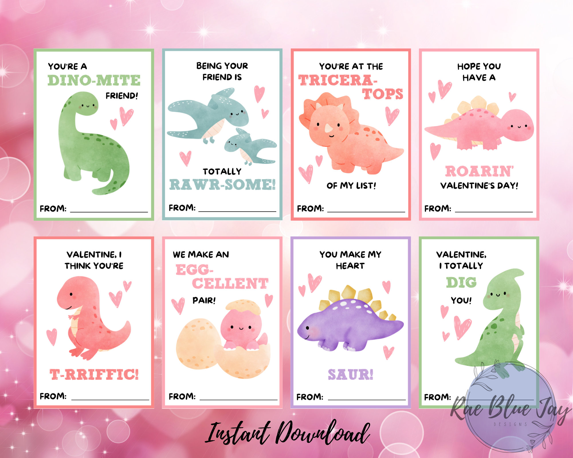 Dinosaur Valentines INSTANT DOWNLOAD Kids Valentines, Printable ...
