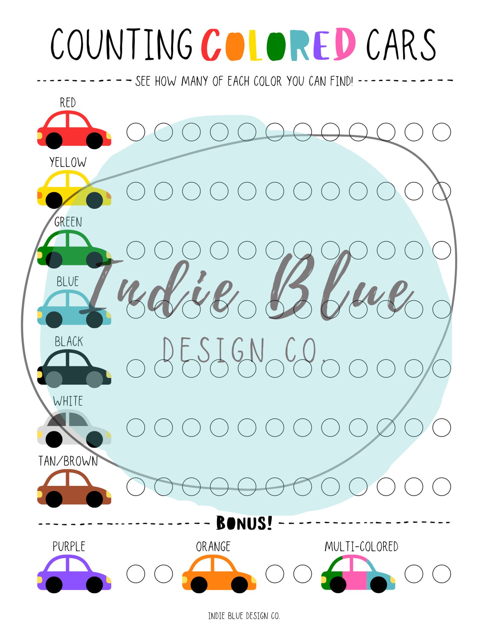 Counting Colored Cars Printable Kids Road Trip Fun Road Trip | Etsy