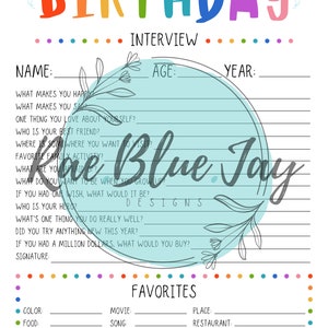 Printable Kids Birthday Interview, Annual Interview, Birthday Keepsake ...