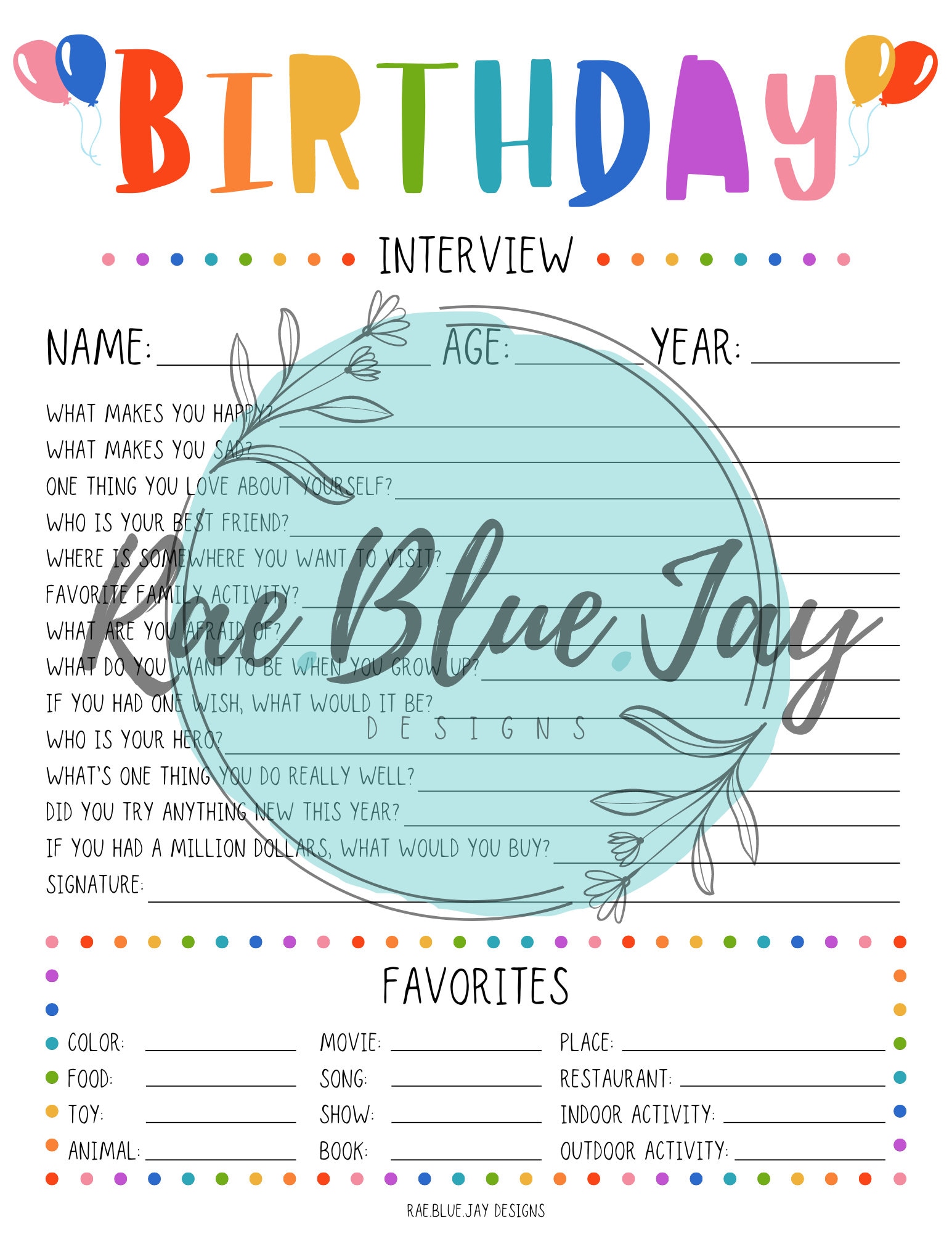 Printable Kids Birthday Interview, Annual Interview, Birthday Keepsake ...