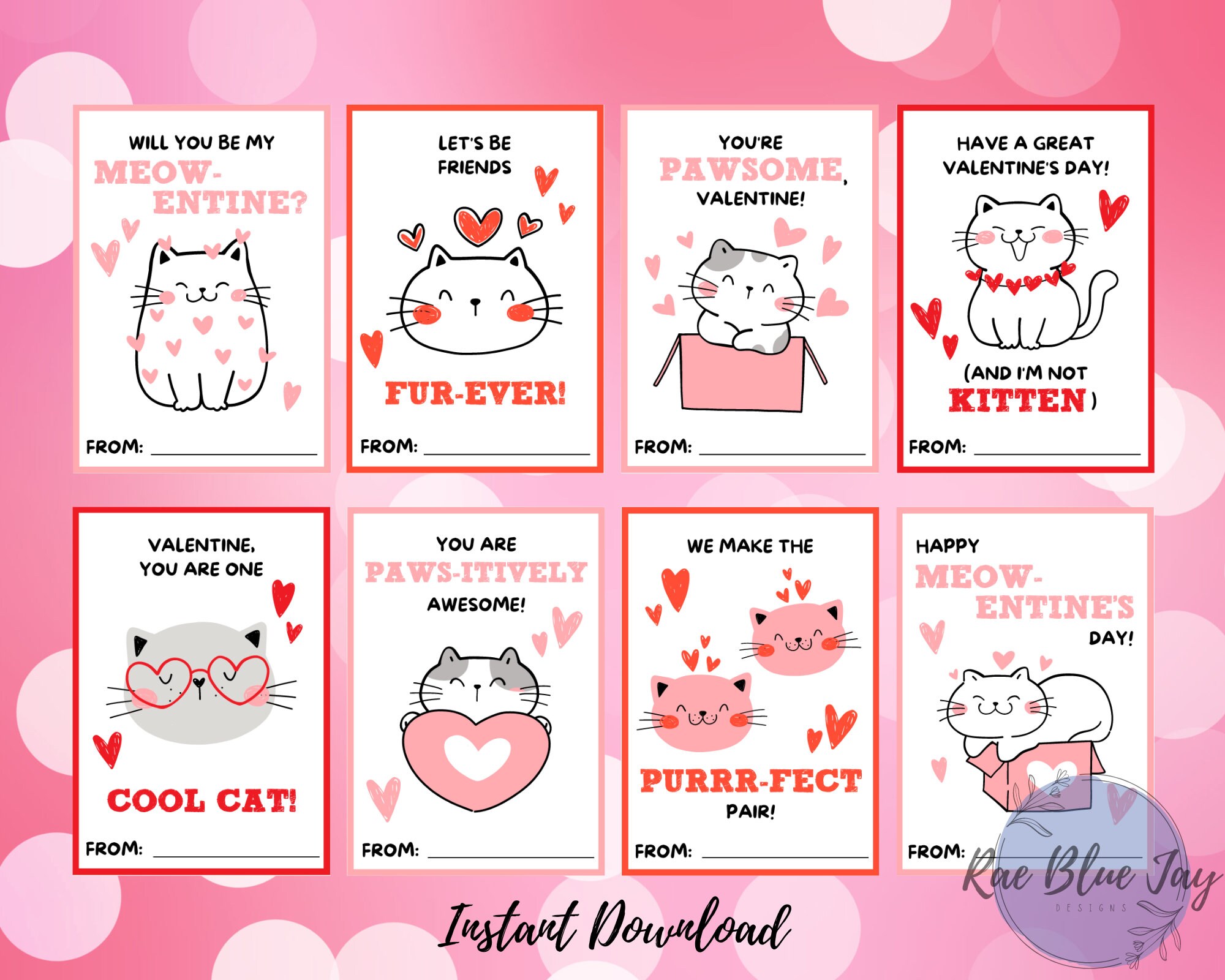 Cat Valentines INSTANT DOWNLOAD Kids Valentines, Printable Valentines ...