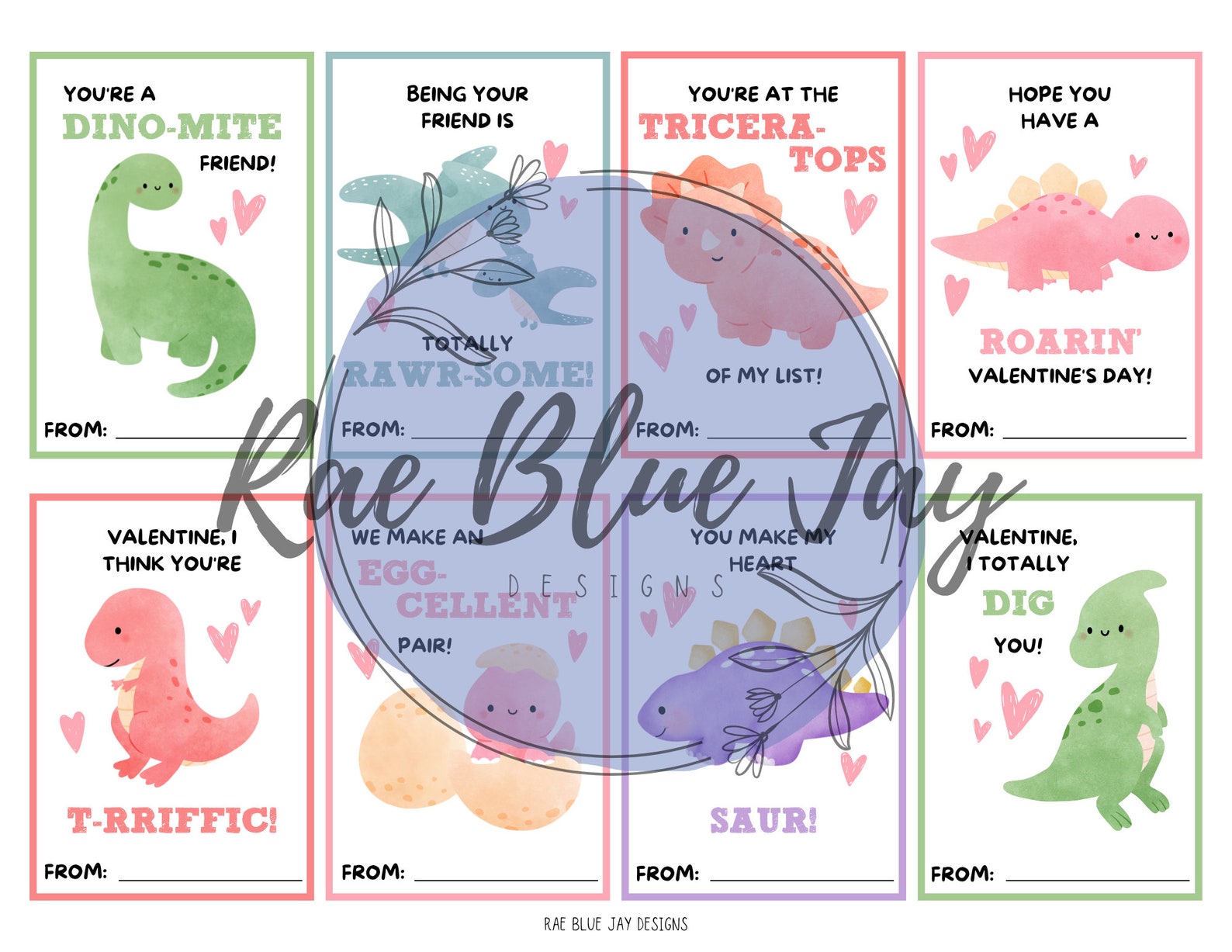 Dinosaur Valentines INSTANT DOWNLOAD Kids Valentines, Printable ...