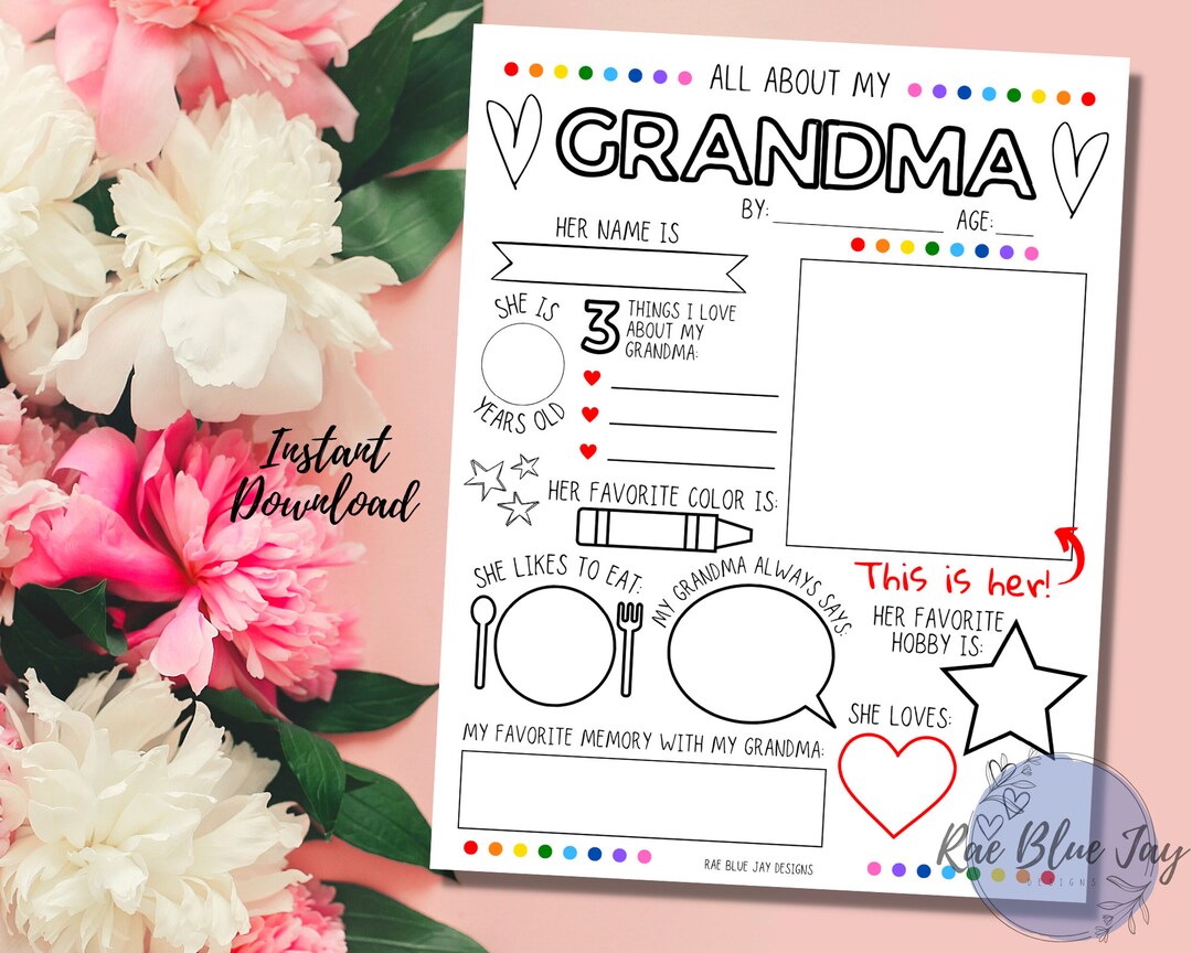 All About My Grandma INSTANT DOWNLOAD, Mother's Day Printable, Gift for ...