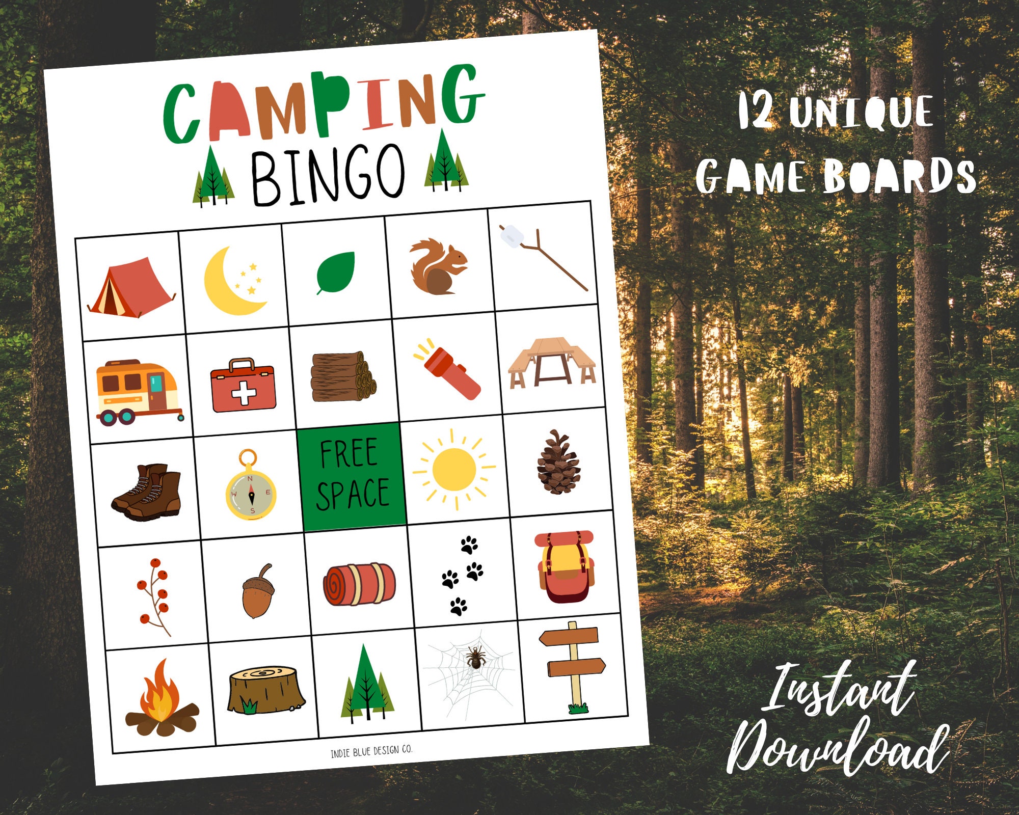 Juego imprimible de bingo de camping con 12 tableros diferentes, bingo ...