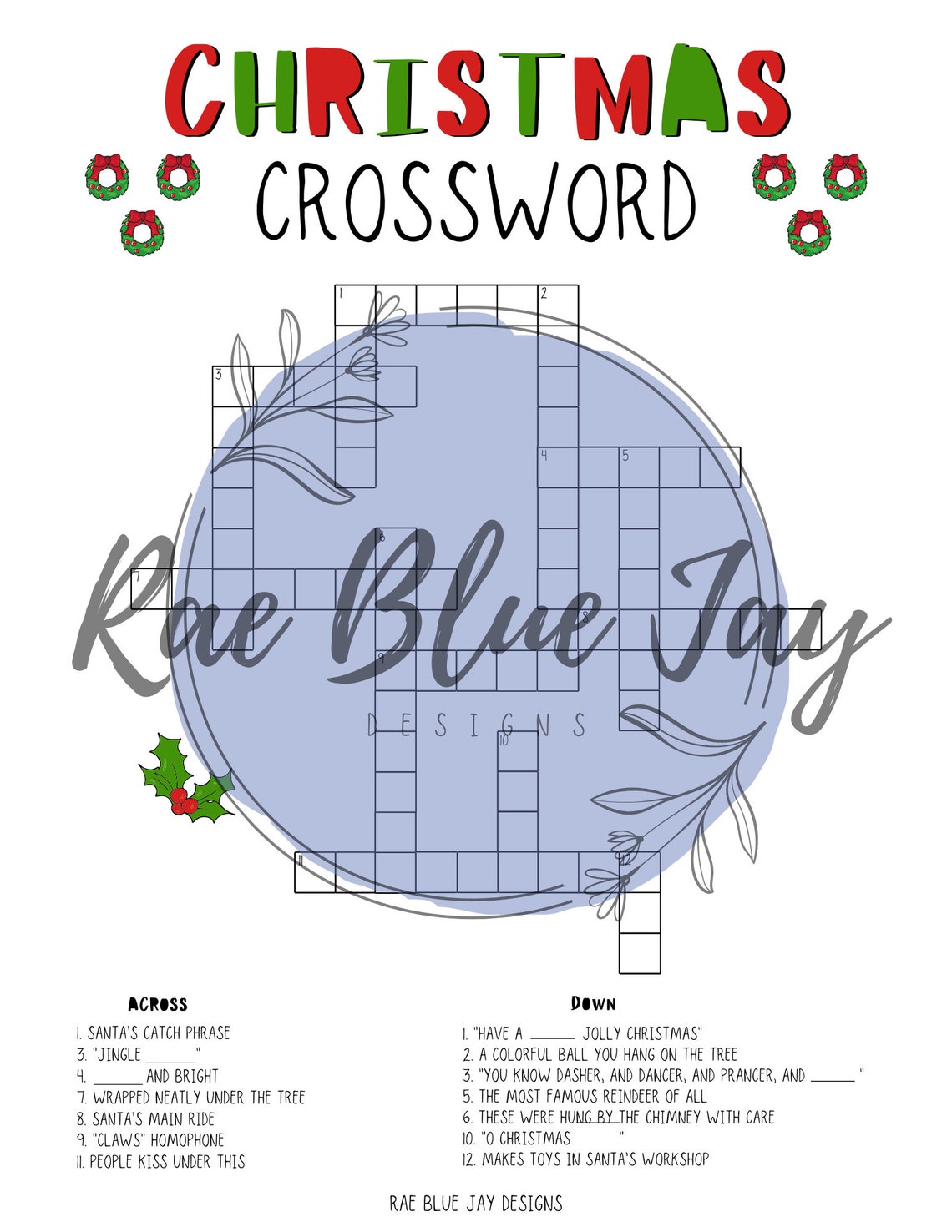 Christmas Crossword Puzzle Printable, Instant Download Kids Crossword ...