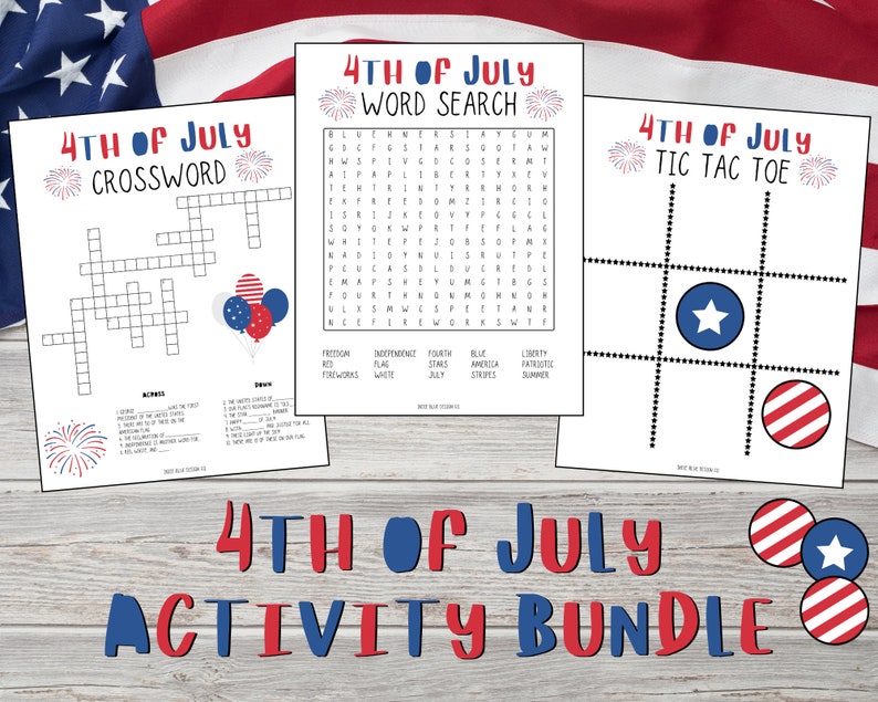 4th of July Activity Bundle, Word Search, Crossword Puzzle, Tic Tac Toe ...