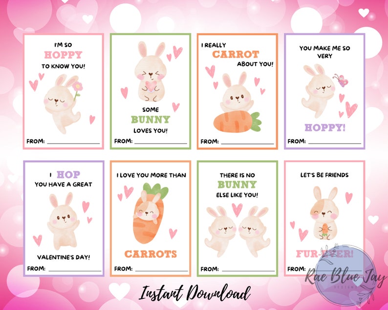 Bunny Valentines INSTANT DOWNLOAD Kids Valentines, Printable Valentines ...