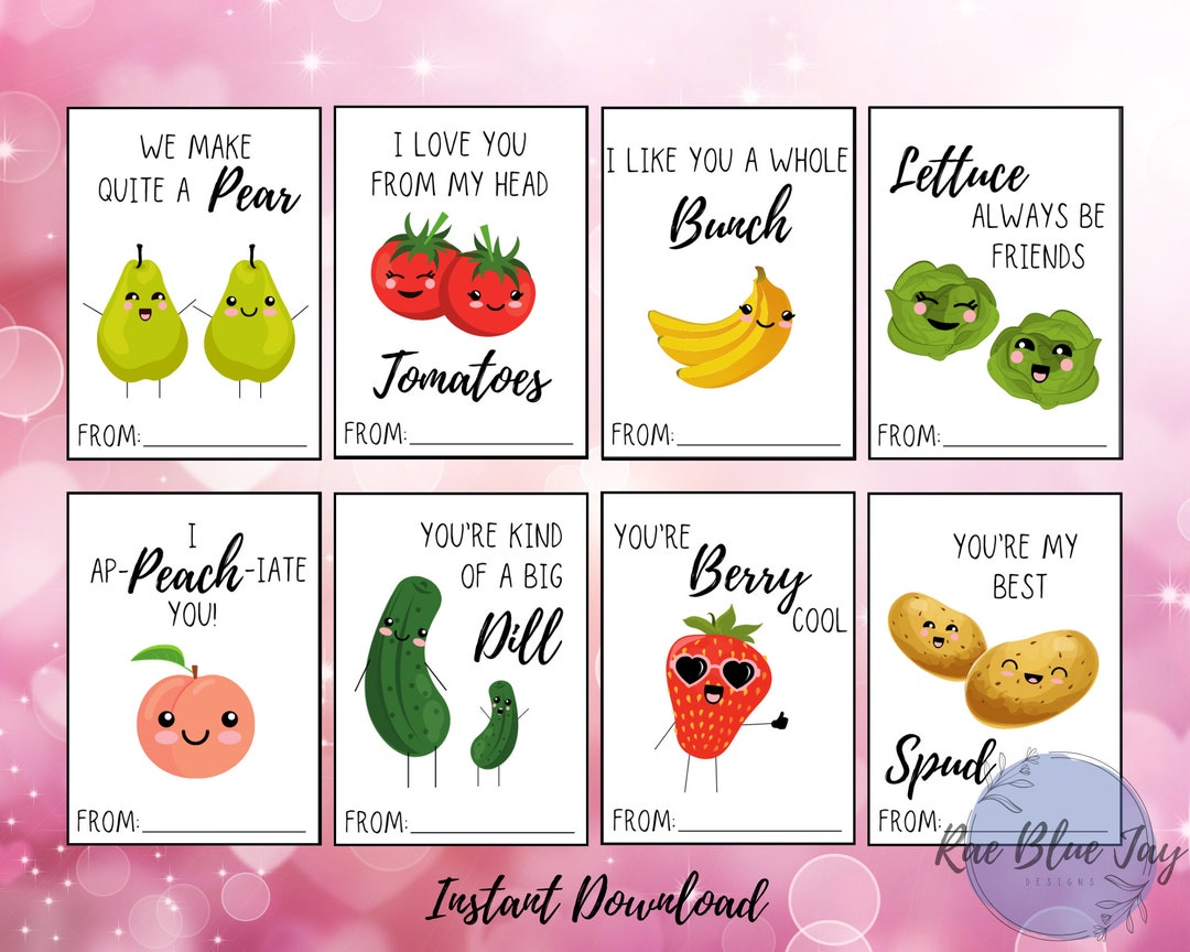 Fruit & Veggie Valentines, Kids Valentines, Printable Valentines ...