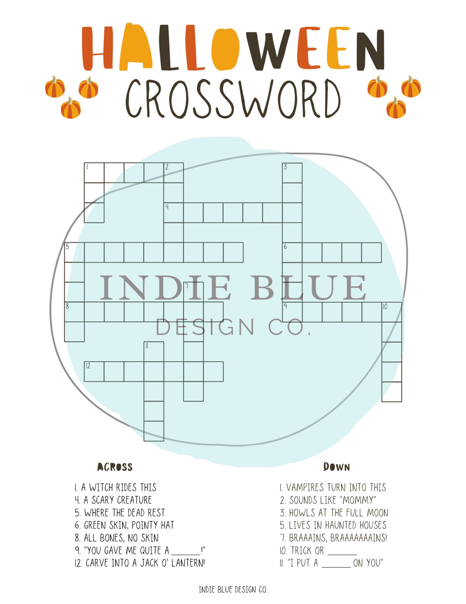 Halloween Crossword Puzzle Printable Instant Download Kids - Etsy