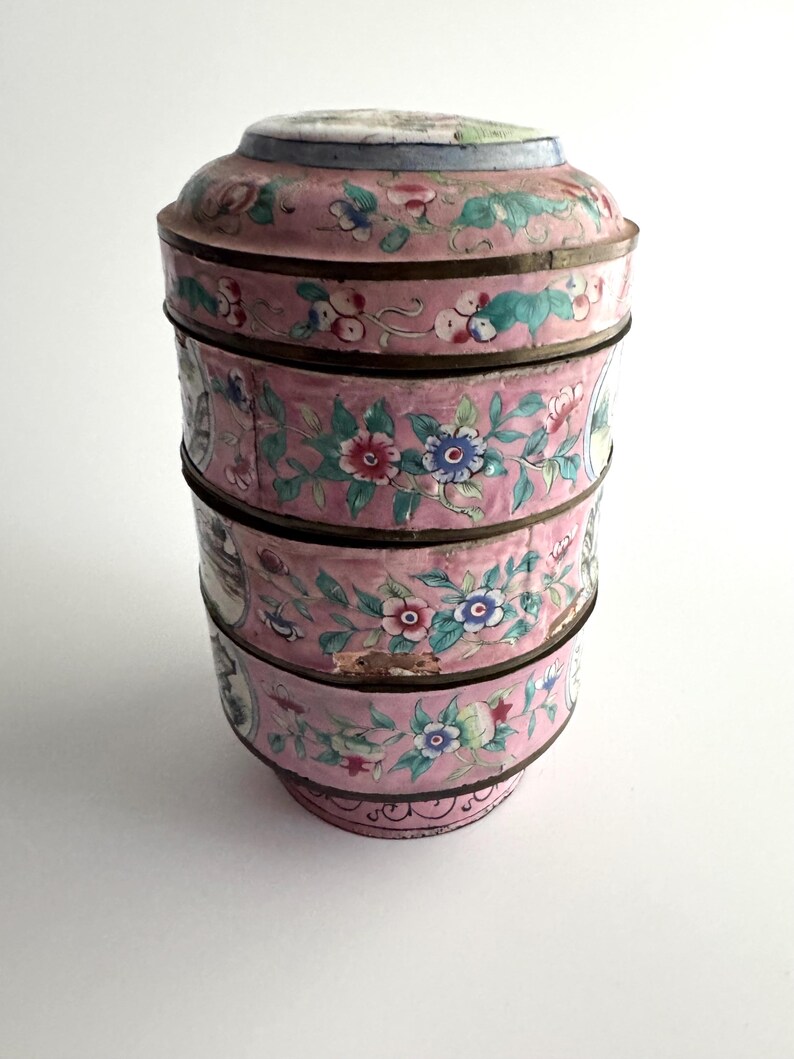 Vintage Chinese Enamel Tiffin | Hand-painted Pink Floral & Figural 4 ...