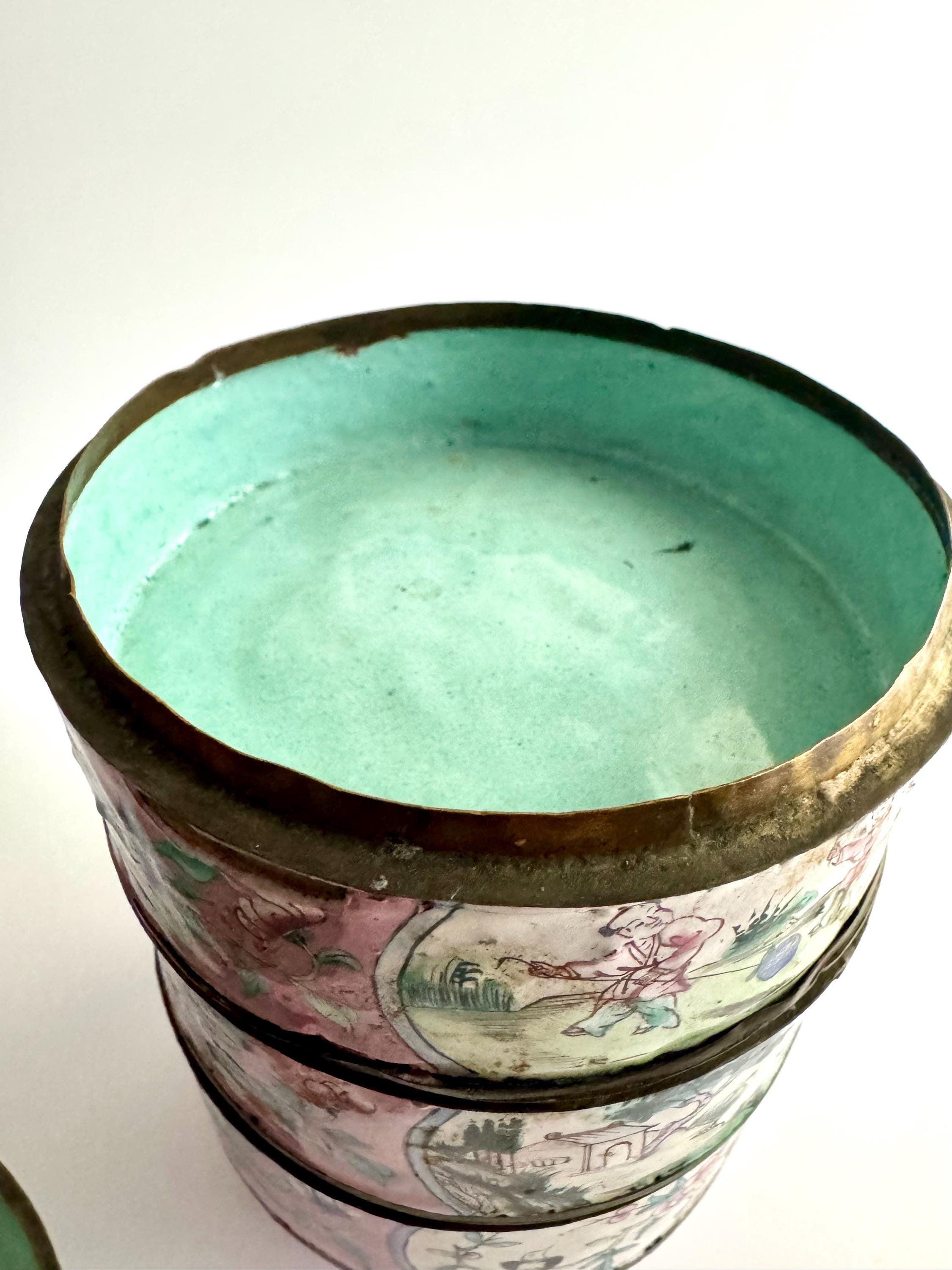 Vintage Chinese Enamel Tiffin | Hand-painted Pink Floral & Figural 4 ...