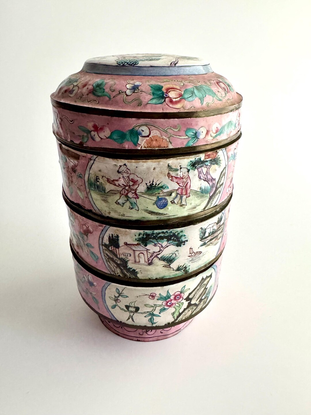 Vintage Chinese Enamel Tiffin | Hand-painted Pink Floral & Figural 4 ...