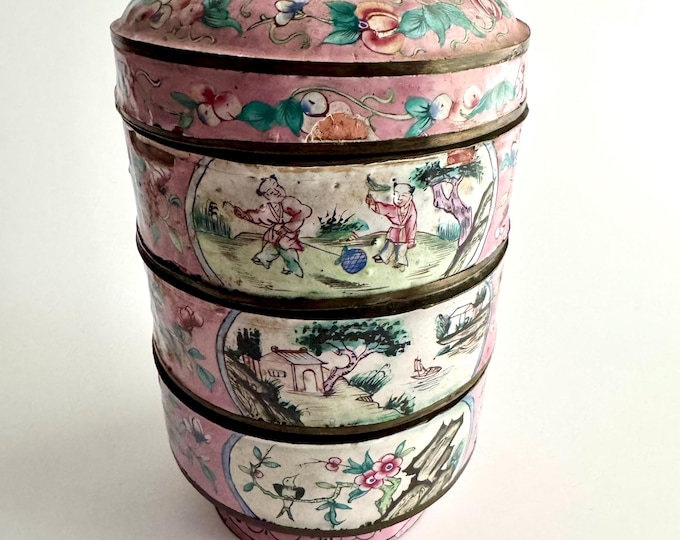 Vintage Chinese Enamel Tiffin | Hand-painted Pink Floral & Figural 4 ...