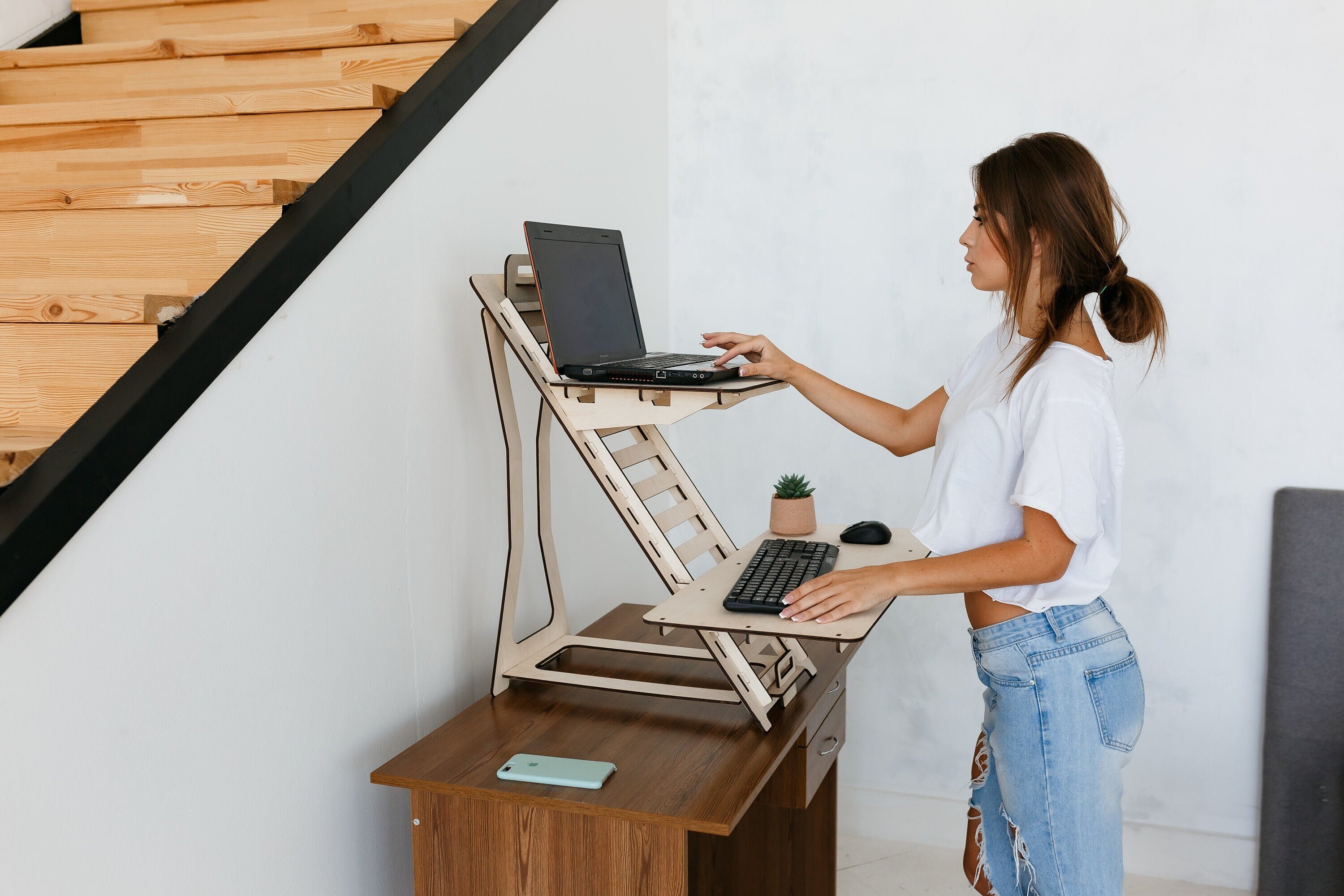 Standing Desk Wood Work Station Laptop Stand Modern Desk Adjustable ...