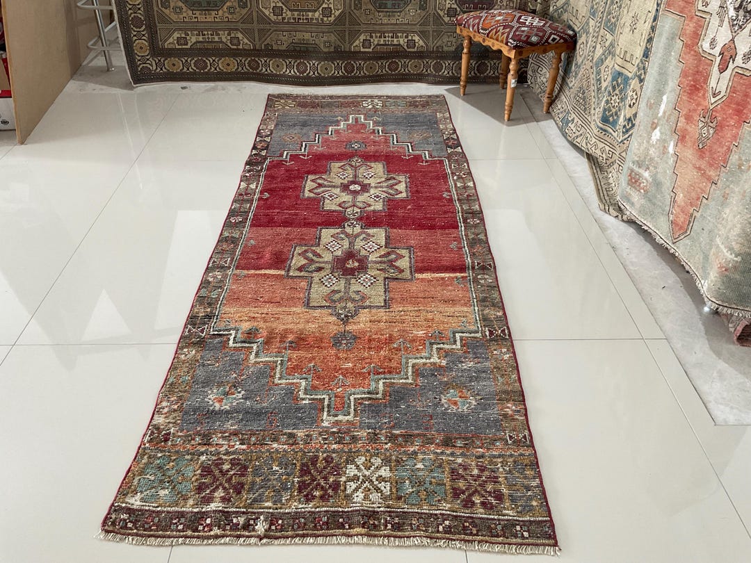 3x8 Natural Red Blue Runner, Handmade Runner, 3x8 Oriental Runner ...