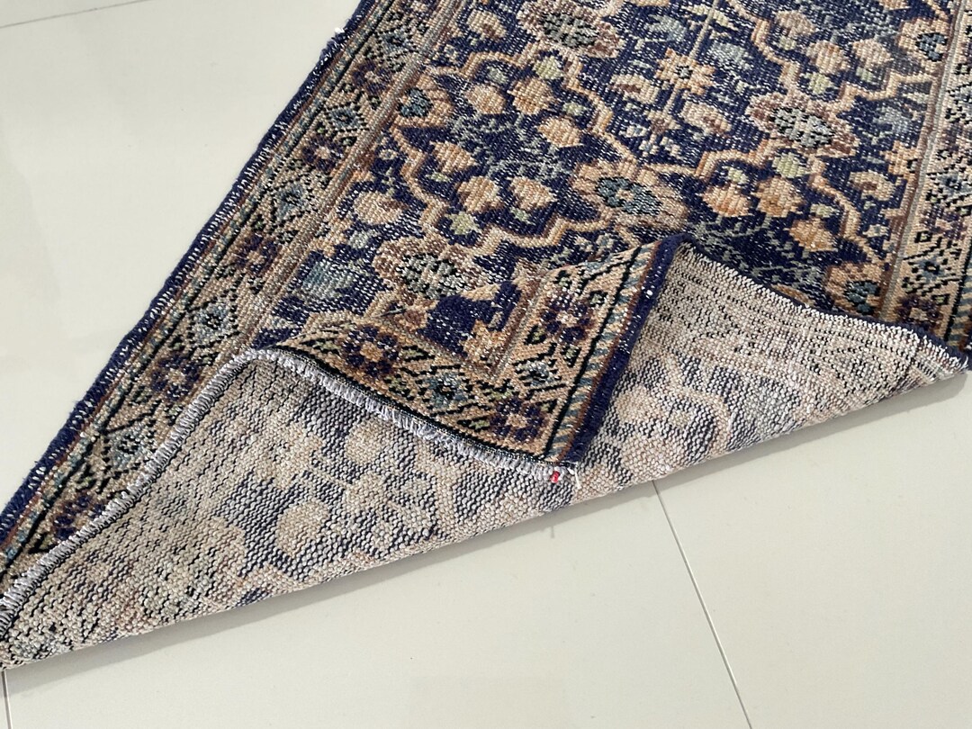 3x11 Blue Floral Runner, Handmade Oushak Runner, Vintage Wool Rug ...