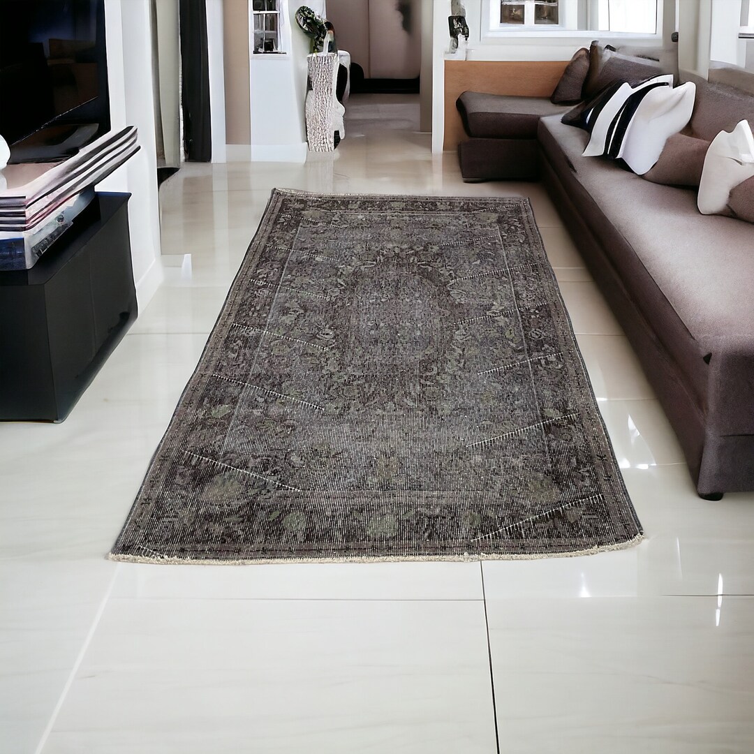 Vintage Overdyed Turkish Area Rug: Floral Design, Black Oriental Rug (3 ...