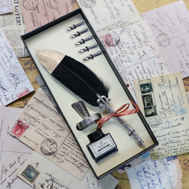 Feather Fountain Pen Feather Pen With Box Quill Pen With Ink - Etsy