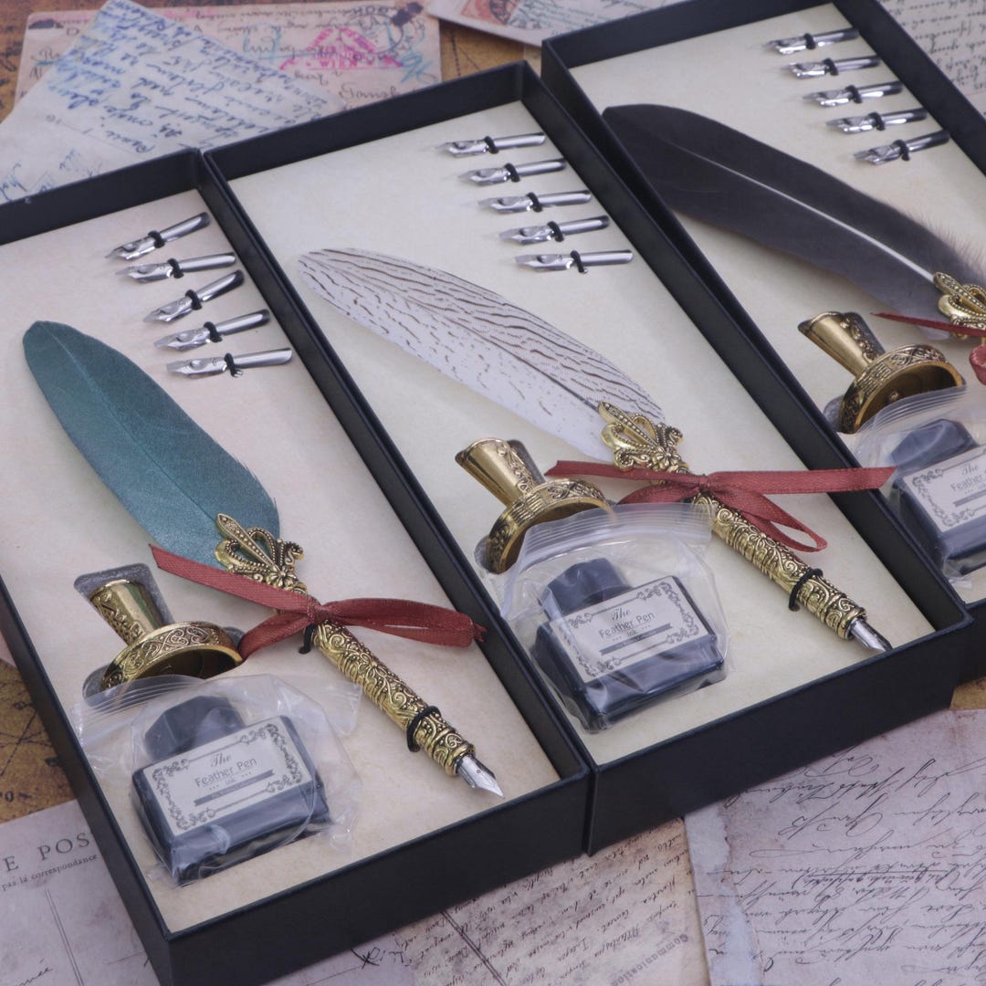 Feather Quill Pen Set: Gold Stand, Ink, and Gift Box - Etsy