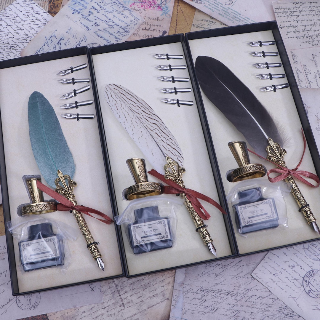 Metal Quill Pen Set: Gold Stand, Black Ink, Calligraphy Gift Box - Etsy